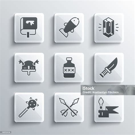 중세 화살 창 단검 위스키 병 스파이크가 달린 철퇴 뿔 달린 헬멧을 쓴 바이킹 책 보석 아이콘을 설정하세요 벡터 검에 대한 스톡 벡터 아트 및 기타 이미지 Istock