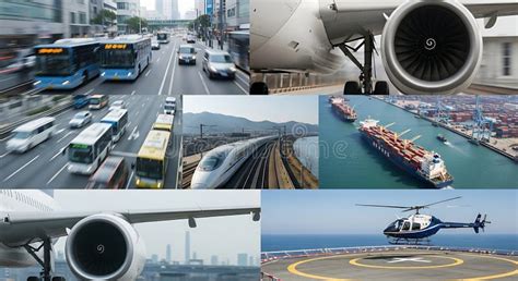 Global Transportation Collage Planes Trains Ships And Buses Stock