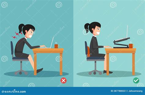 Women Correct And Incorrect Sitting Posture When Using A Computer Stock Vector Illustration Of