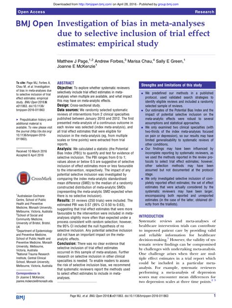 Pdf Investigation Of Bias In Meta Analyses Due To Selective Inclusion Of Trial Effect