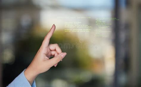 Closeup Hand And Finger With Code Hologram And Programming For Futuristic Planning Cyber