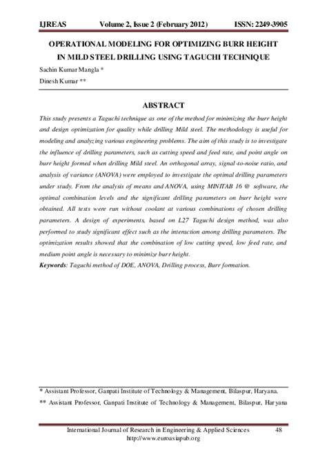 Pdf Operational Modeling For Optimizing Burr Height In Mild Steel Drilling Using Taguchi Technique