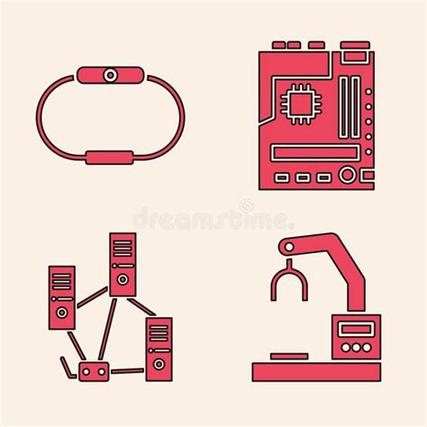 Set Robotic Robot Arm Hand Factory Smartwatch Motherboard And Computer Network Icon Vector