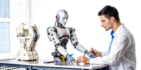 3d Candid Shot Of A Robotics Engineer Programming A Humanoid Robot