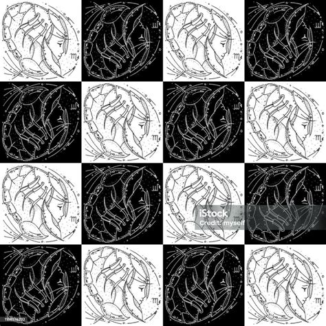 전갈 모양의 공간 헬멧에 원활한 질감 조디악 기호 전갈 자리 흑백 드로잉 프로필 소녀 가리기에 대한 스톡 벡터 아트 및 기타