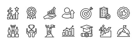 성공 가는 선 아이콘 세트입니다 성공적인 경영 사업 개발 목표 목표 계획 우승자 업적 트로피 배지 메달 대회 졸업 모자 산 정상 깃발 성장 그래프를 포함합니다 벡터 일러스트