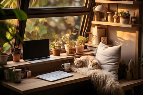 Premium Photo Cute Cat Lying On A Wooden Shelf With A Laptop And A Cup Of Coffee