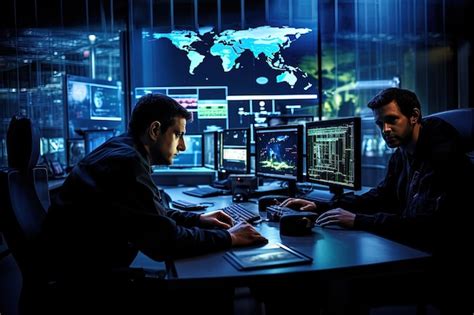 Premium Photo A Couple Of Men Sitting At A Computer Desk