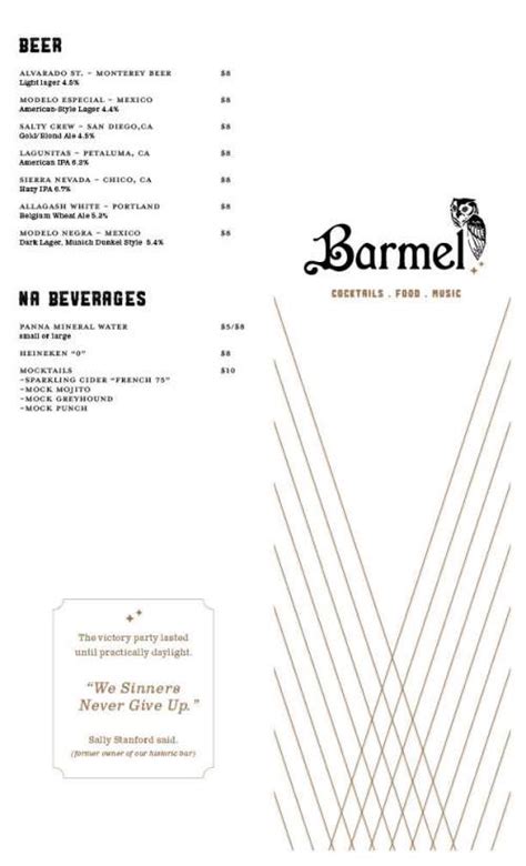 Barmel Menu In Carmel By The Sea California Usa