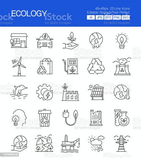 생태학 얇은 선 벡터 아이콘 세트입니다 디자인은 편집 가능하며 색상을 변경할 수 있습니다 창의력 아이콘의 벡터 세트 지속 가능성 환경 친화적인 지구 온난화 기후 변화 성장