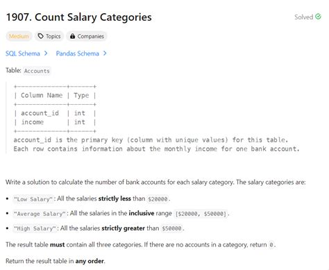 0303 Sql 문제풀이 1907 Count Salary Categories Leetcode