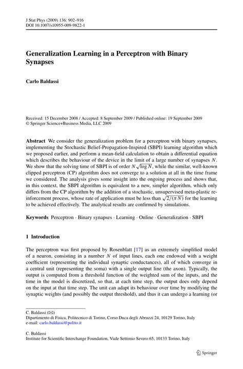 Pdf Generalization Learning In A Perceptron With Binary Synapses