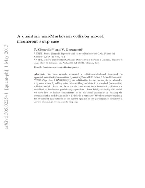 Pdf A Quantum Non Markovian Collision Model Incoherent Swap Case