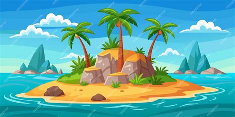 Premium Vector A Cartoon Illustration Of A Tropical Island With Palm