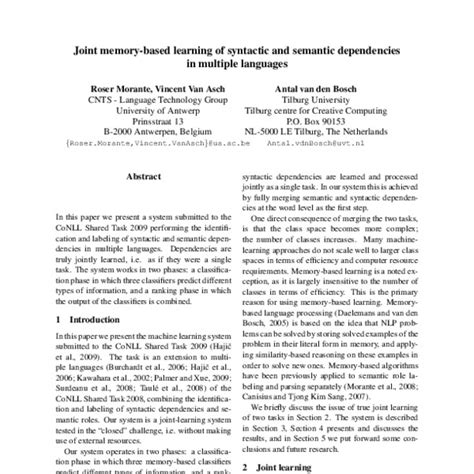 Joint Memory Based Learning Of Syntactic And Semantic Dependencies In Multiple Languages Acl