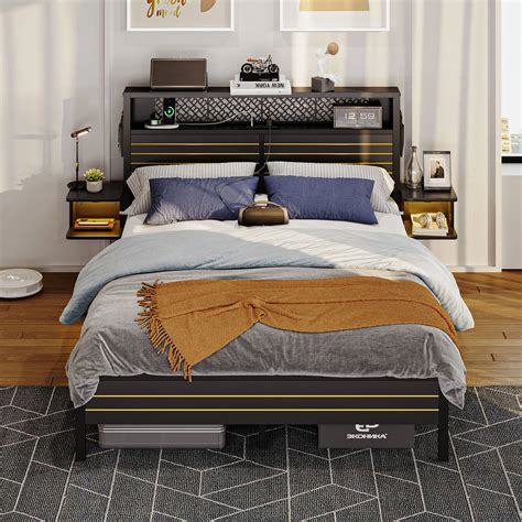 Customer Reviews Bestier Queen Gaming Bed Frame Golden Stripe Headboard Led Nightstands With