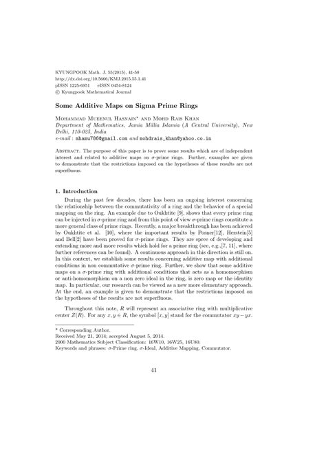 Pdf Some Additive Maps On Sigma Prime Rings