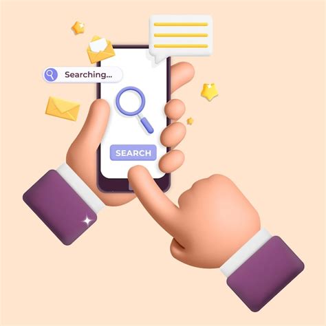 3d 벡터 두 손은 검색 웹 바 돋보기 기호 디자인 일러스트와 함께 스마트폰을 들고 프리미엄 벡터