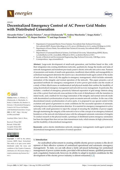 Pdf Decentralized Emergency Control Of Ac Power Grid Modes With Distributed Generation