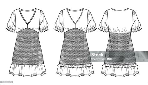 벡터 반팔 미니 드레스 기술 도면 주름 장식 작업복 디테일 패션 Cad 스케치 템플릿 플랫이 있는 여성 피곤한 드레스 저지 또는