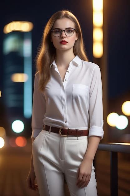 Premium Photo A Pretty European Lady In Shirt Pants And Glasses On A Night Background