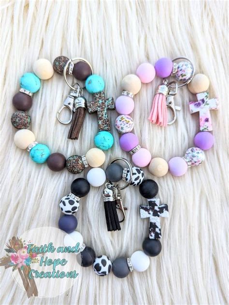 Beaded Cross Keychain Bracelet Keychain Wristlet Keychain For Women
