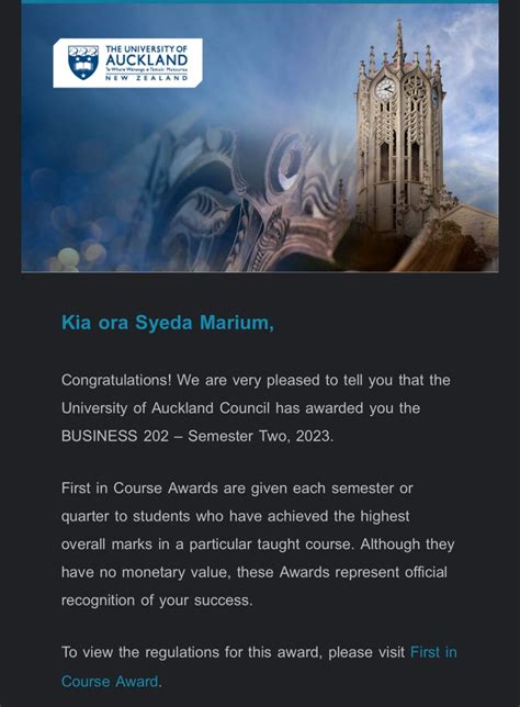 I Am Delighted To Have Received The First In Course Award For Business