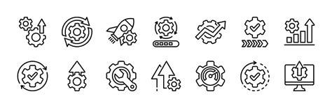 업그레이드 업데이트 진행 프로세스 개발 및 개선 얇은 선 아이콘 세트 시작 유지 보수 수리 속도 설정 구성 설치 기술 성장 막대를 포함합니다 벡터 일러스트 레이 션 개발에