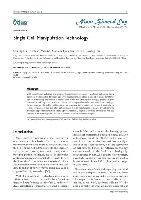 Pdf Single Cell Manipulation Technology