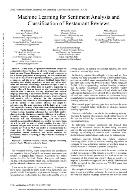 Pdf Machine Learning For Sentiment Analysis And Classification Of Restaurant Reviews