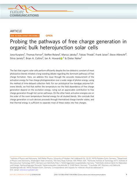 Pdf Probing The Pathways Of Free Charge Generation In Organic Bulk Heterojunction Solar Cells