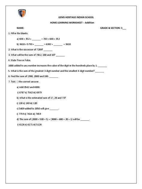 G 3 Home Assinment Addition Mental Math Pdf
