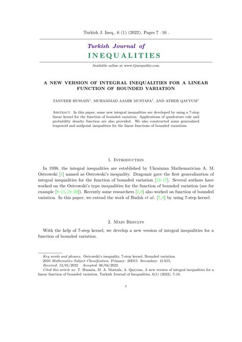 Pdf A New Version Of Integral Inequalities For A Linear Function Of Bounded Variation