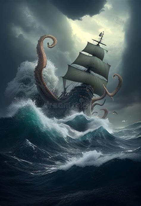 The Kraken Attacks The Ship During A Storm Ai Generated Stock
