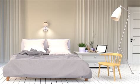 하얀 침대 룸나무의 자 램프 프레임 식물과 문 빈 흰 벽 배경에 흰색 나무 바닥을 갖춘 현대적인 객실입니다 3d 렌더링 0명에 대한 스톡 사진 및 기타 이미지 Istock