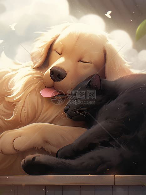 依偎在一起酣睡的卡通小猫和小狗插画图片下载 正版图片402535322 摄图网