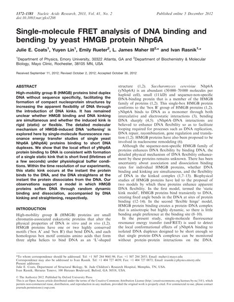 Pdf Single Molecule Fret Analysis Of Dna Binding And Bending By Yeast Hmgb Protein Nhp6a