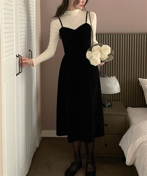 티원피스set 오펠 봄 가을 겨울 하객룩 연말룩 벨벳 기모 반폴라 티셔츠 나시 뷔스티에 롱 원피스 세트 에이블리