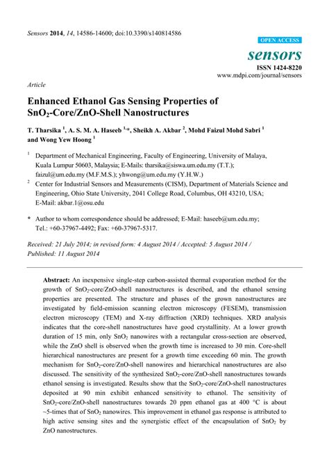 Pdf Enhanced Ethanol Gas Sensing Properties Of Sno2 Core Zno Shell Nanostructures