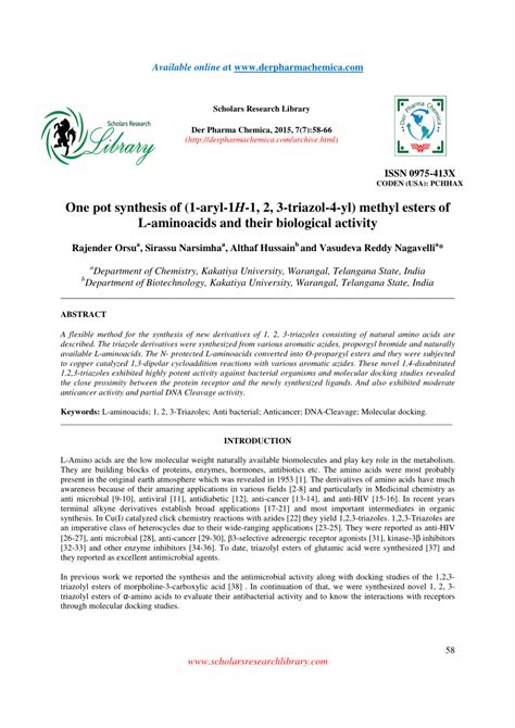 Pdf One Pot Synthesis Of 1 Aryl 1h 1 2 3 Triazol 4 Yl Methyl Esters Of L Aminoacids And