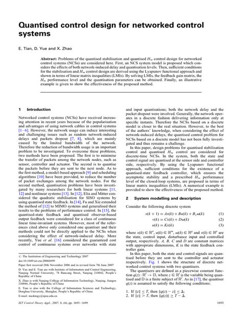 E Tian 2007 Quantised Control Design For Networked Control Systems
