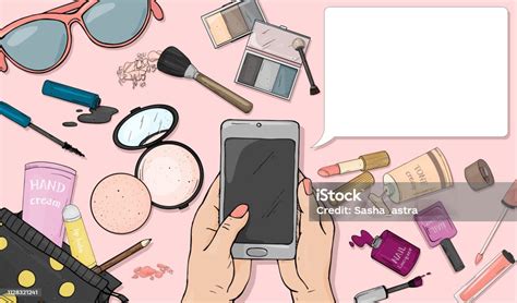 스마트폰 및 스케치 스타일에 여자의 화장품의 다채로운 상품으로 손 얼굴과 손톱 용 장식 화장품 아름다움 패션 잡지 미디어 웹 응용 프로그램을 인쇄 합니다 비웃는 다