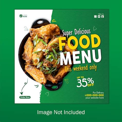 음식 메뉴 및 레스토랑 소셜 미디어 배너 템플릿 프리미엄 벡터