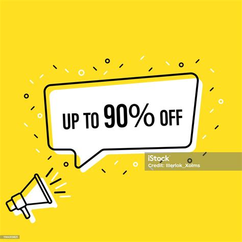 스피치 버블 오프 90까지 판매 태그와 메가 폰을 들고 남성 손 스피커 비즈니스 마케팅 및 광고를 위한 배너입니다 벡터 일러스트입니다 0명에 대한 스톡 벡터 아트 및 기타