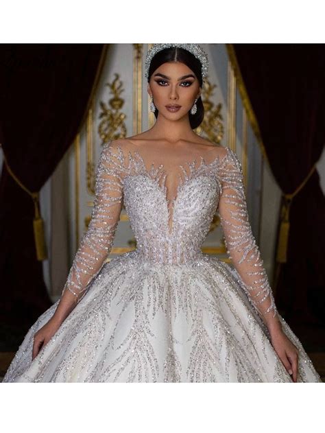 Vestido De Noiva Mu Ulmano Frisado Com Decote Em V Manga Comprida Luxo Noiva Rabe Dubai