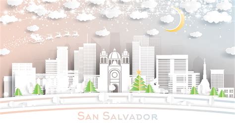 눈송이 달 네온 갈랜드와 종이 컷 스티의 산 살바도르 시티 스카이 라인 산살바도르에 대한 스톡 벡터 아트 및 기타 이미지 산살바도르 스카이라인 엘살바도르 Istock