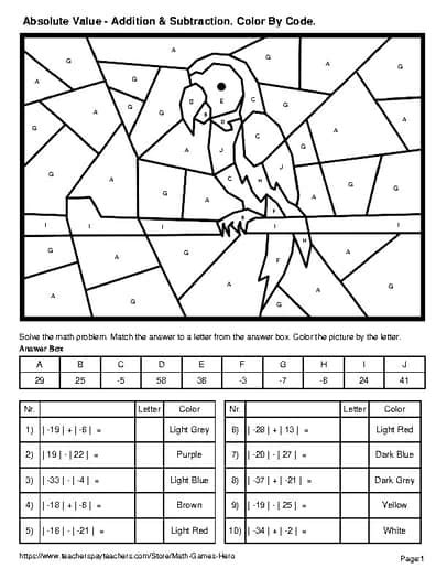 Absolute Value Addition And Subtraction Coloring Worksheets Color By Code