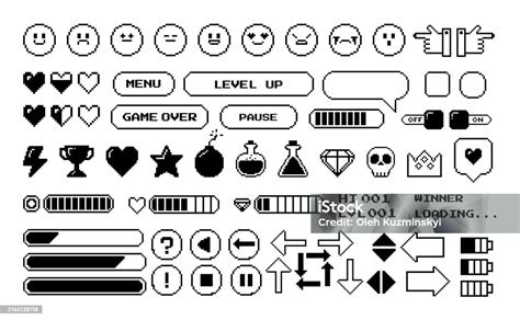 게임 8비트 픽셀 요소 레트로 아케이드 게임 아이콘 디지털 콘솔 메뉴 라이프 바 버튼 레벨 화살표 및 라이프 바 90 년대 게임