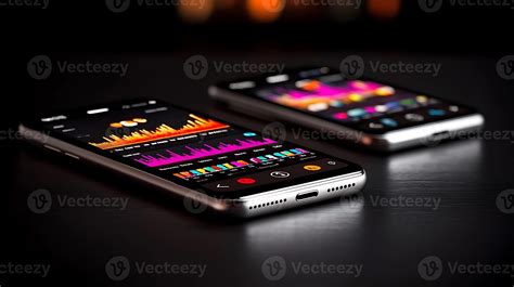 Two Smartphones Displaying Vibrant Data Visualizations On A Dark Surface With Blurred Lights In