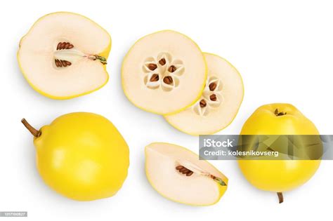 흰색 배경에 반쪽과 슬라이스가 분리된 신선한 퀸스로 클리핑 경로와 전체 심도의 필드 맨 위 보기입니다 플랫 레이 모과에 대한